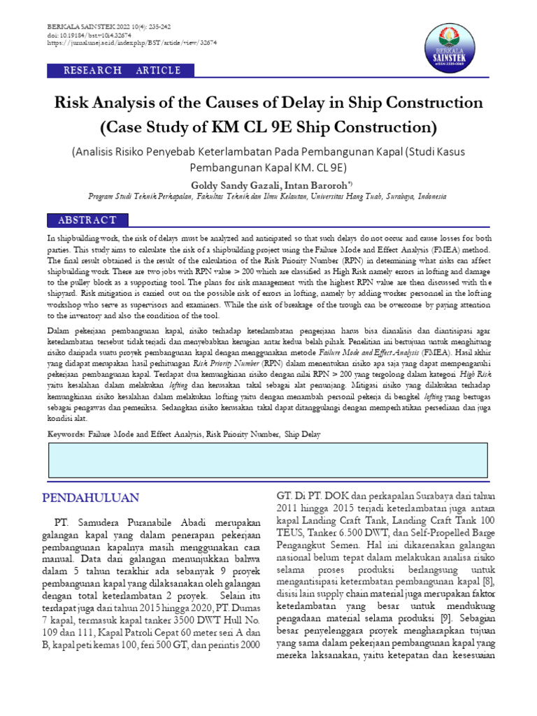 Risk Analysis of The Causes of Delay in Ship Const | PDF