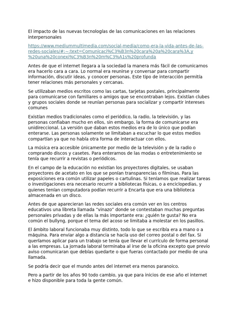 impacto de las nuevas tecnologías en las comunicaciones interpersonales | PDF | Internet ...
