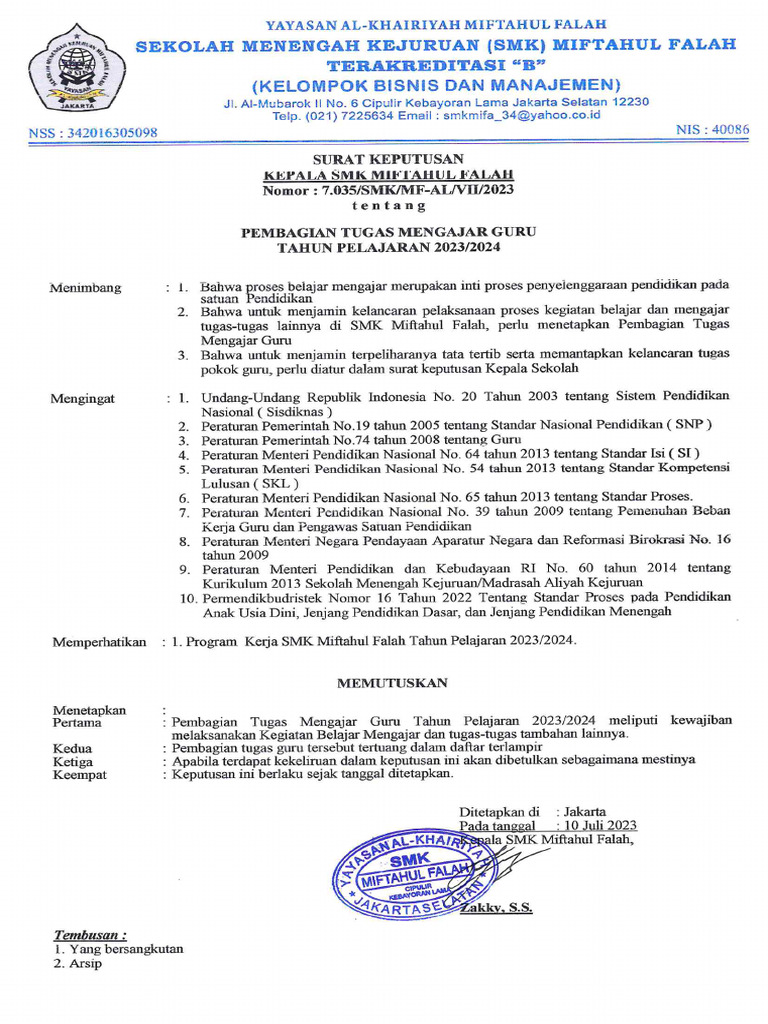 SK Pembagian Tugas Guru 2023-2024 | PDF