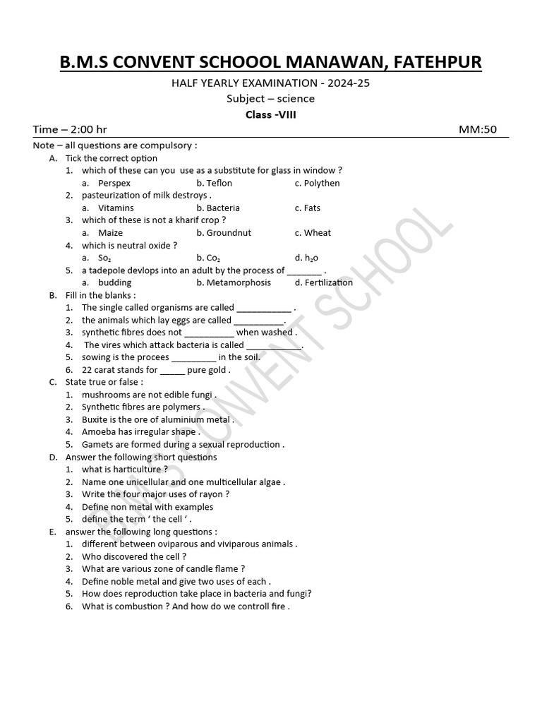 8th Class Science Half-Yearly Exam 2024-25 | PDF