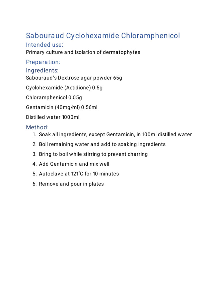 Sabouraud Cyclohexamide Chloramphenicol Preparation-1 | PDF