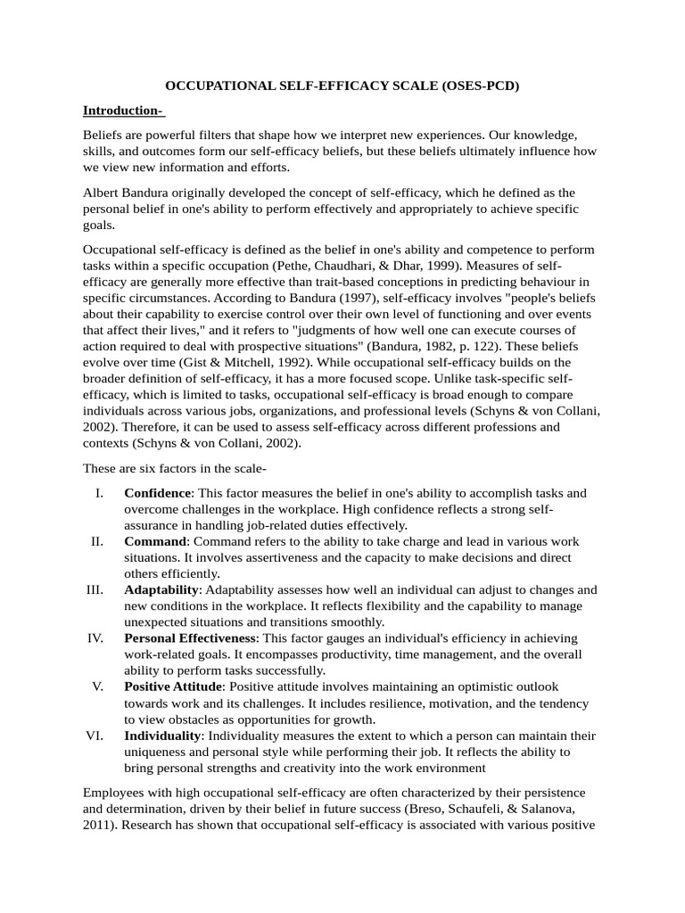 Occupational Self Efficacy Scale Pdf Self Efficacy Social Psychology
