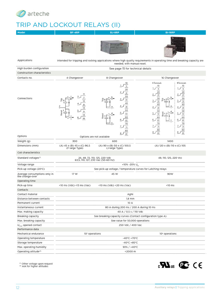 Arteche BJ-8RP Lockout Relay Specs | PDF | Relay | Equipment