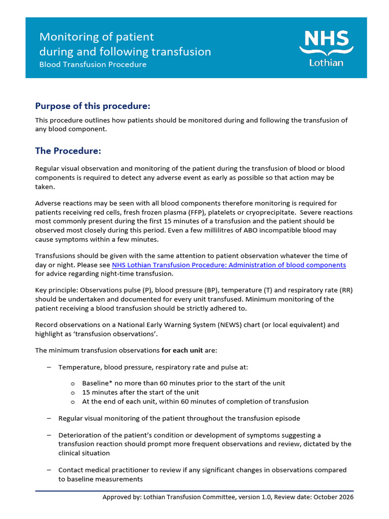 Monitoring of Patient During and Following Transfusion | PDF | Blood ...