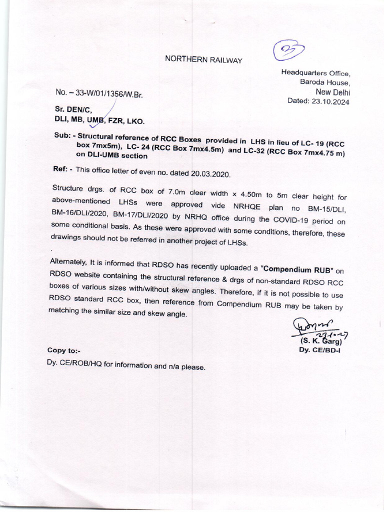 HQ Letter On RCC Boxes RDSO Plan | PDF