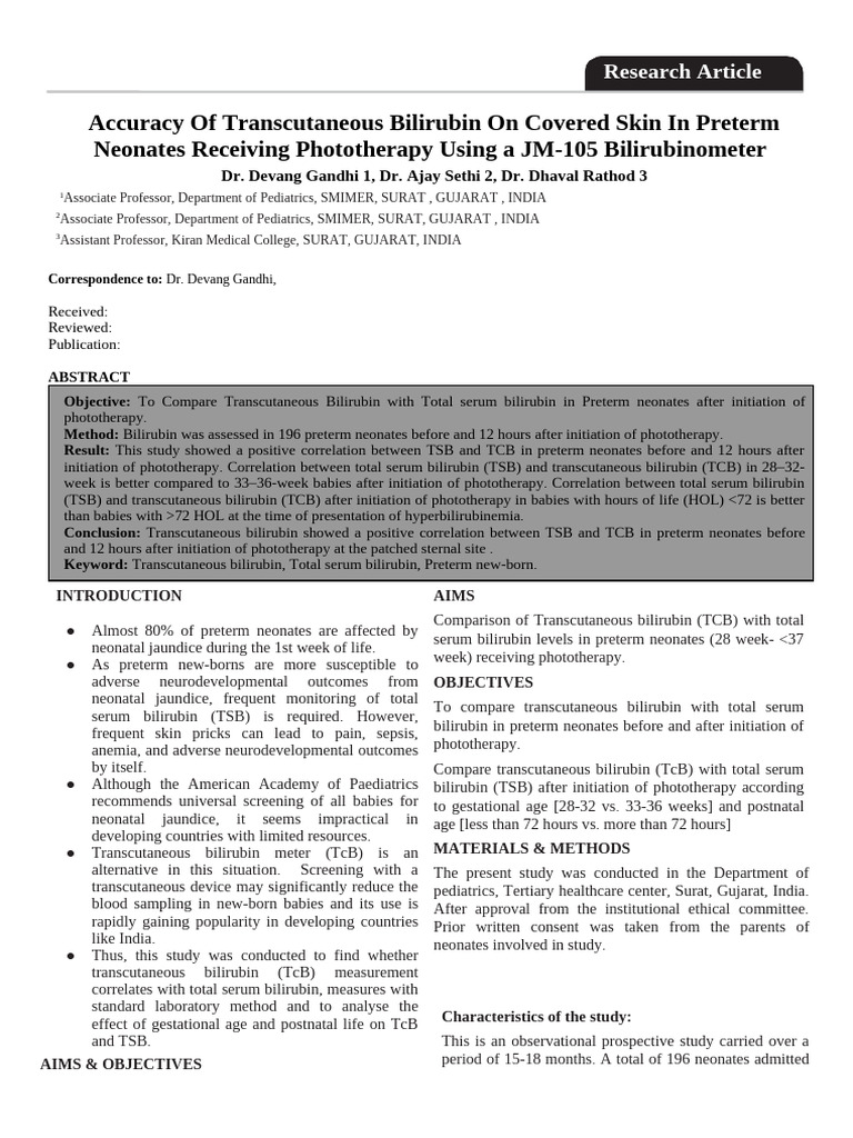 Accuracy of Transcutaneous Bilirubin On Covered Skin in Preterm ...