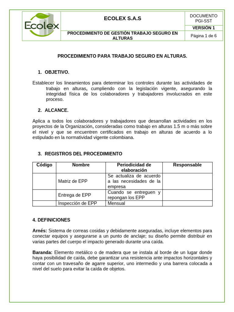 Procedimiento Trabajo Seguro en Alturas | PDF | Cuerda | Conector eléctrico