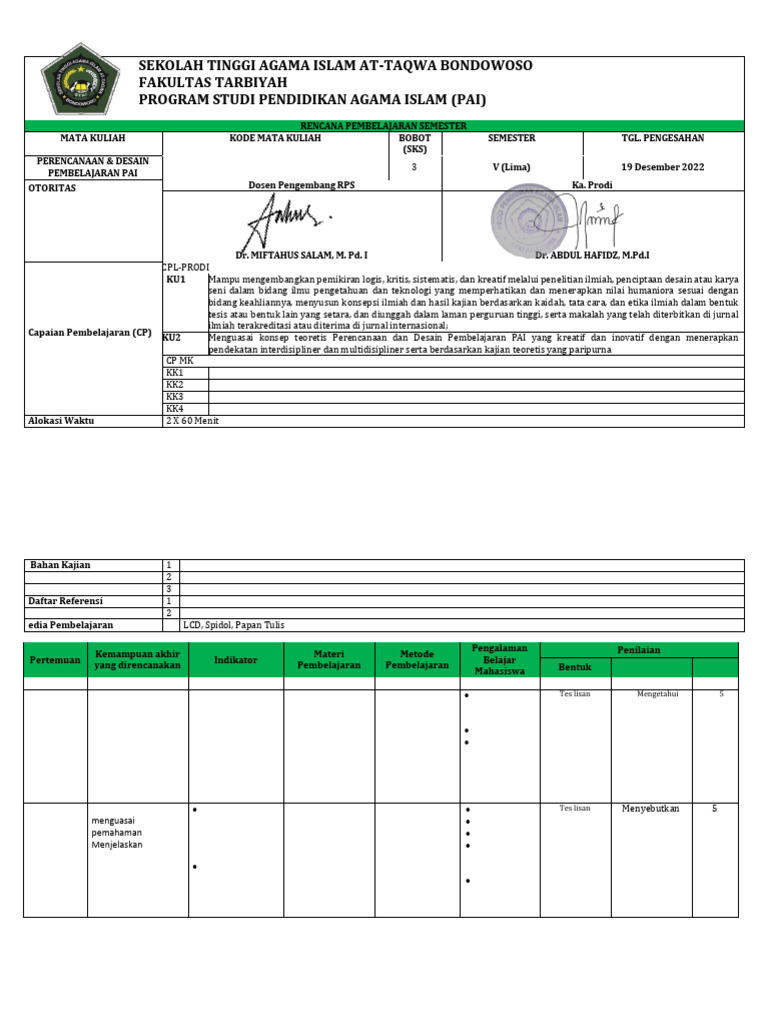 RPS Desain Pembelajaran PAI | PDF