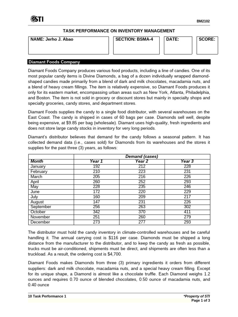 Abao 10 Task Performance 1 MS | PDF | Inventory | Demand