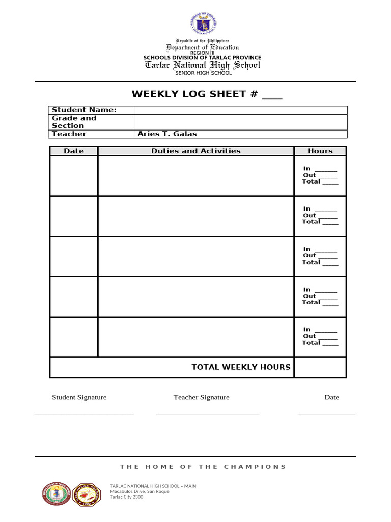 WEEKLY-LOG-SHEET | PDF | Cognitive Science | Human Communication