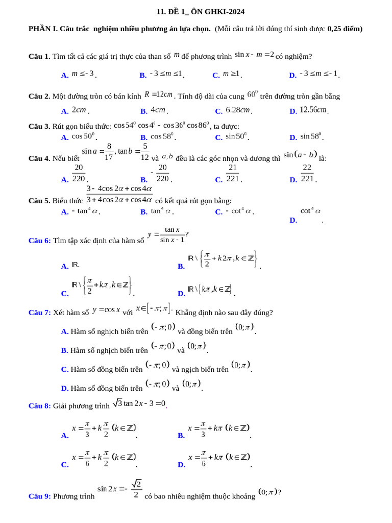 11. ĐỀ 1 - ÔN GHKI-2024 | PDF