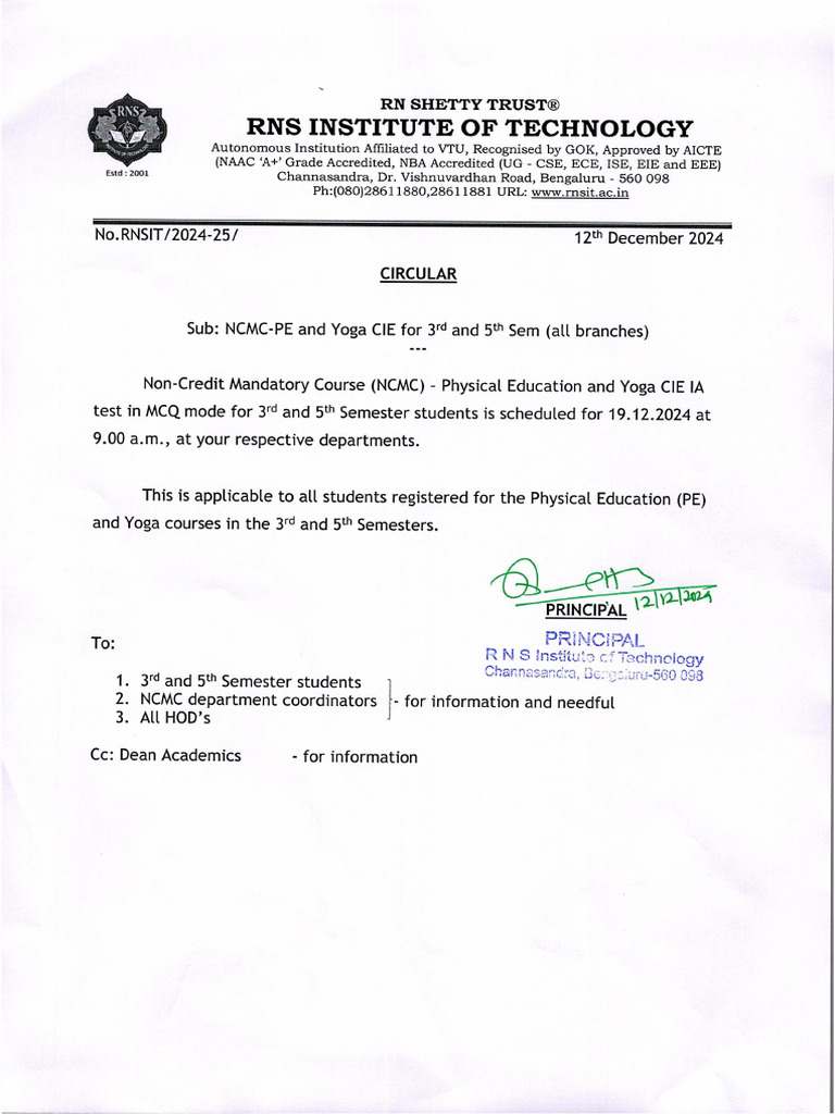 NCMC PE and Yoga CIE - IA Test Circular | PDF