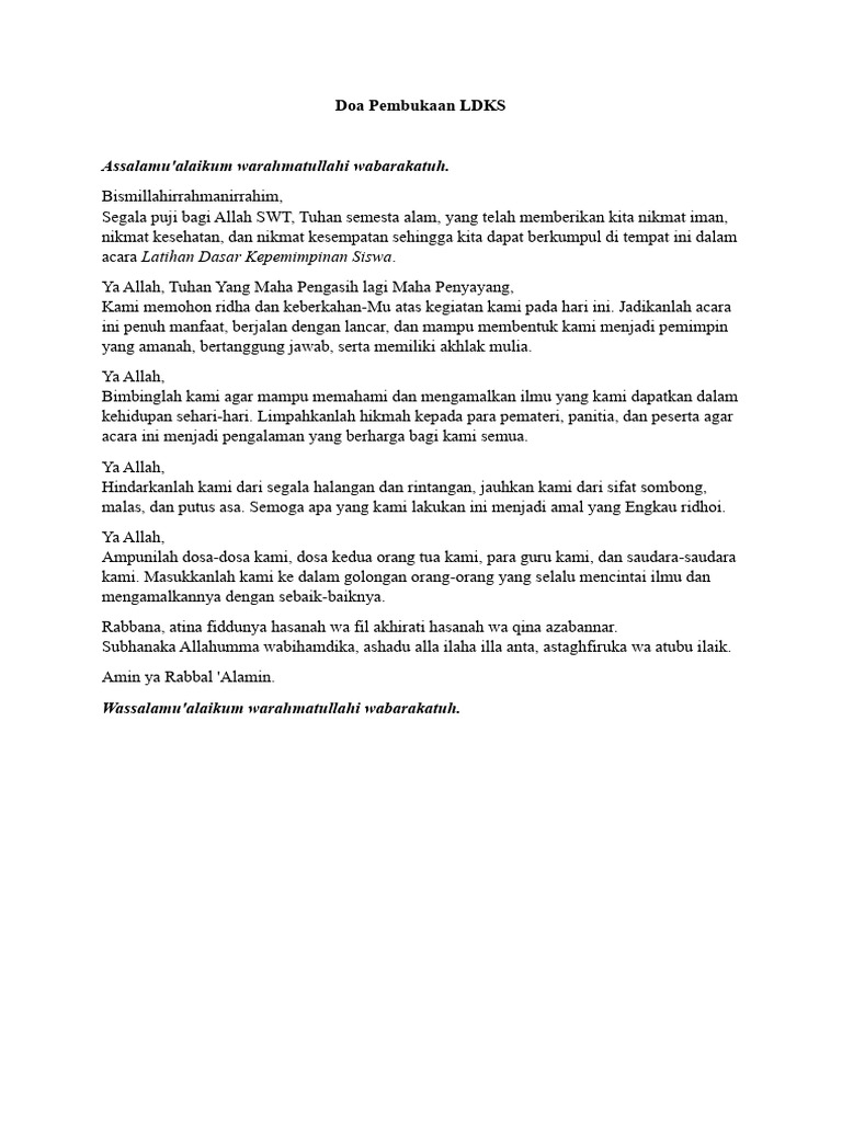 Doa Pembukaan LDKS | PDF