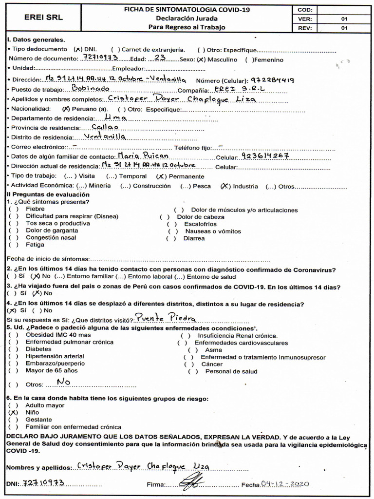 Ficha Sintomatologia Cristofer Chafloque | PDF