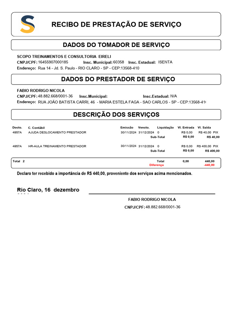 Recibo de Prestação de Serviço 11 2024 | PDF