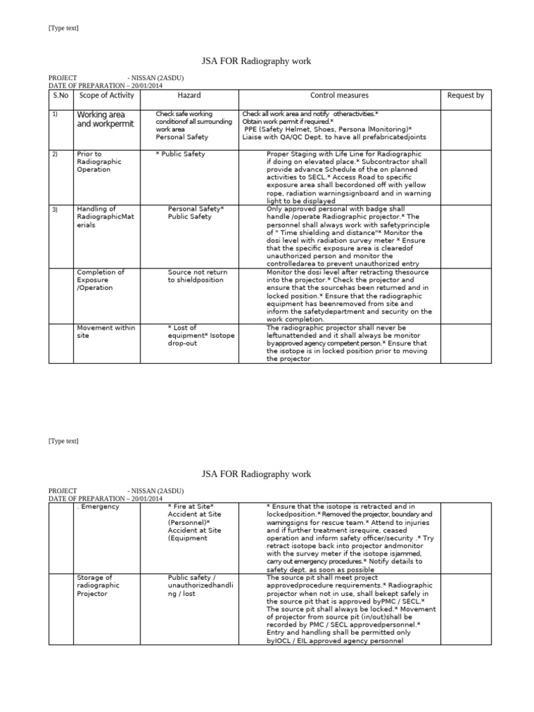 Jsa For Radiography Work | PDF | Radiography | Occupational Safety And ...