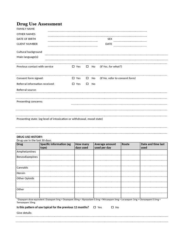 Drug Use Assessment Form Template | PDF | Substance Abuse | Clinical ...