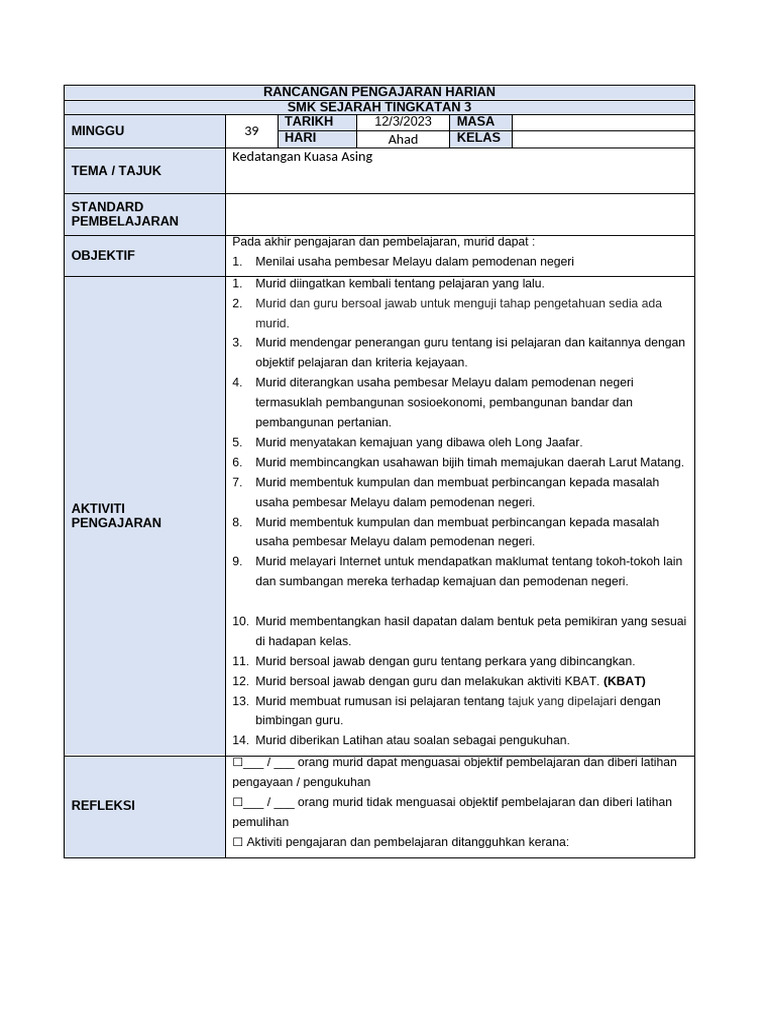 RPH RINGKAS MINGGU 39 SMK SEJARAH TINGKATAN 3 BY CIKGU GORGEOUS | PDF