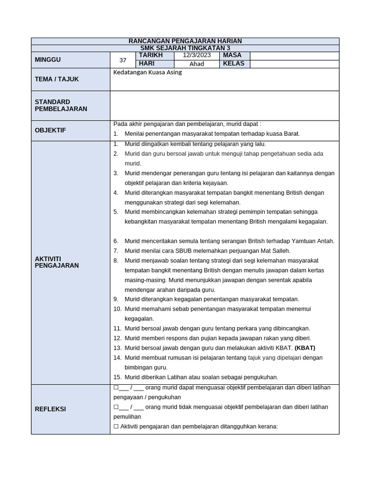 RPH RINGKAS MINGGU 37 SMK SEJARAH TINGKATAN 3 BY CIKGU GORGEOUS | PDF
