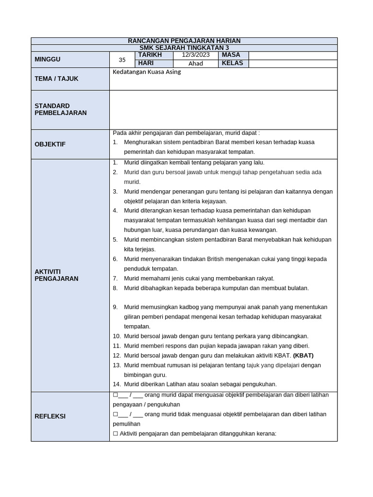 RPH RINGKAS MINGGU 35 SMK SEJARAH TINGKATAN 3 BY CIKGU GORGEOUS | PDF