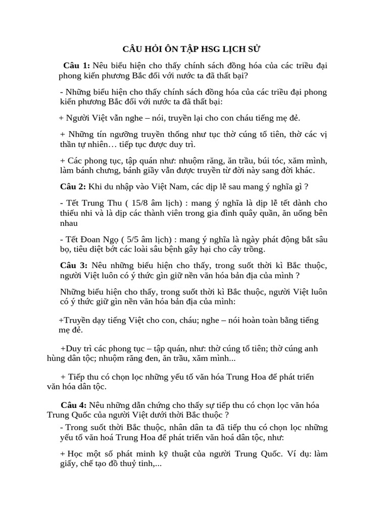 CÂU HỎI ÔN TẬP HSG LỊCH SỬ | PDF