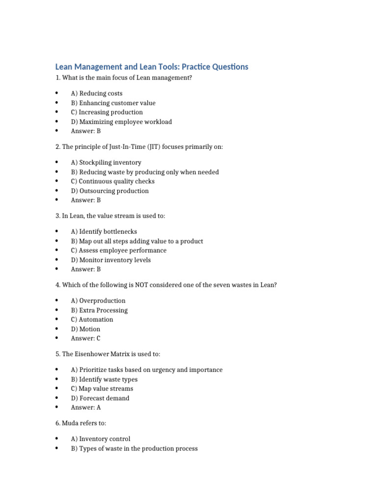 Lean Management Practice Questions Guide | PDF | Lean Manufacturing ...