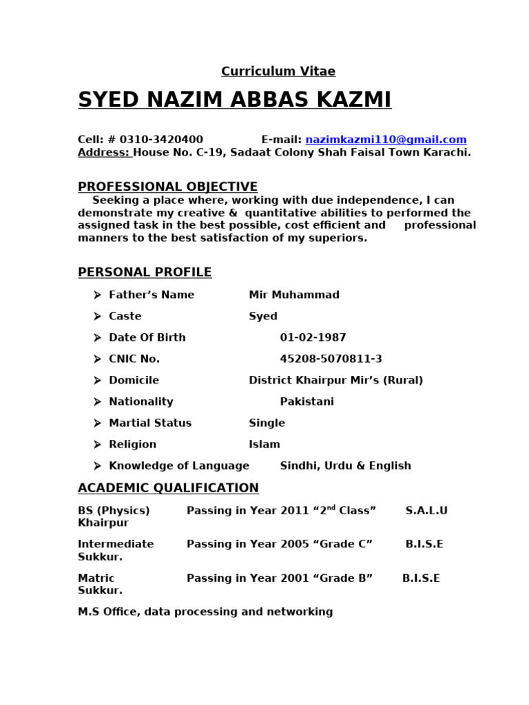 Syed Nazim Abbas Shah CV 2015 | PDF