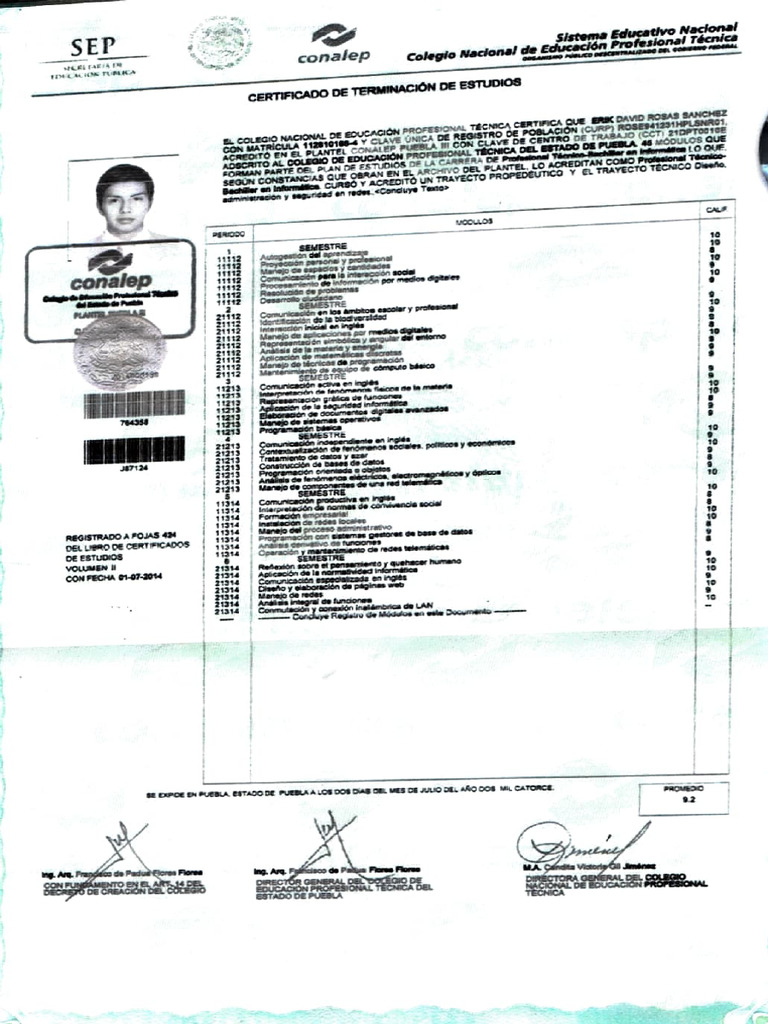 Certificado Técnico CONALEP Puebla 2014 | PDF | Escuelas | Instituciones educacionales