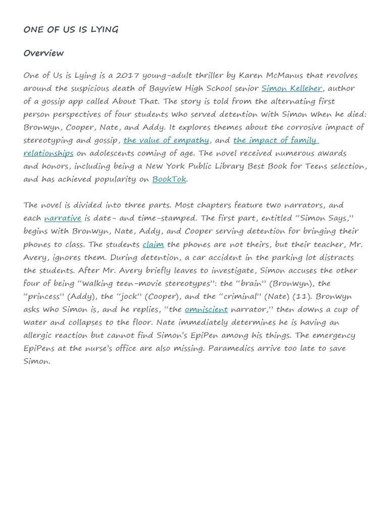 One of Us Is Lying - Summary | PDF