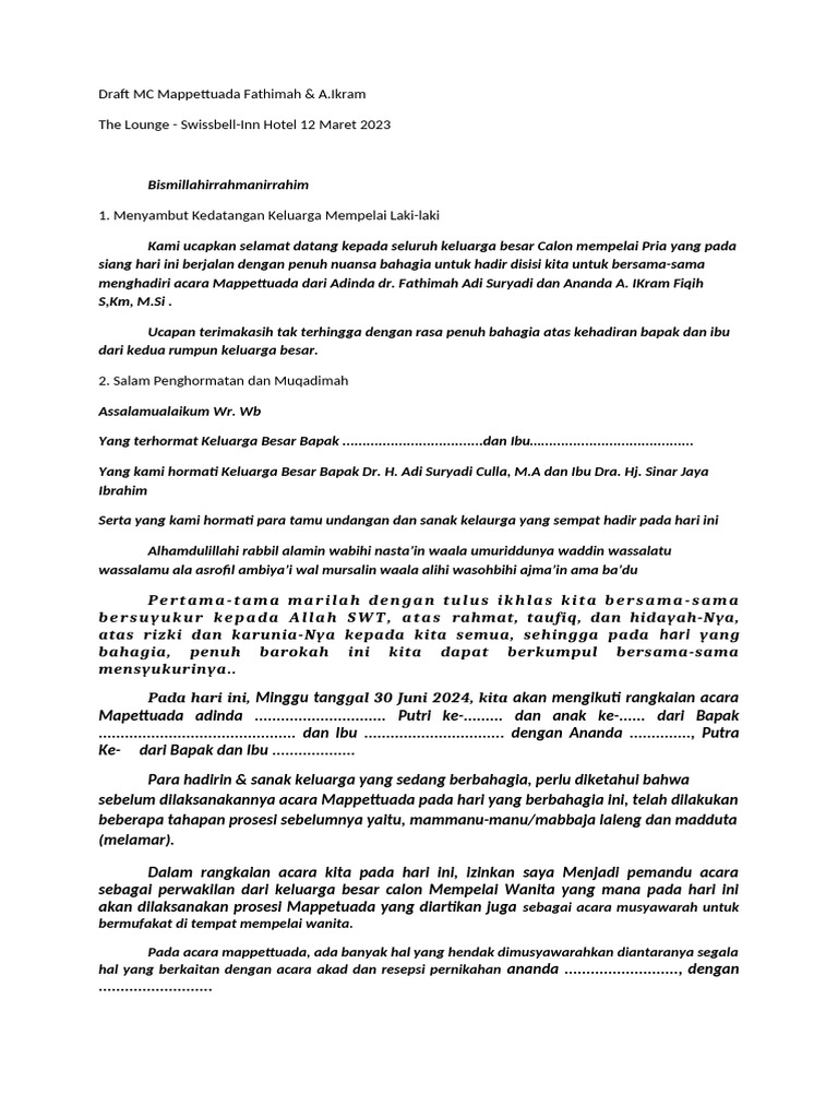 Naskah MC Acara Mappettuada 2024 | PDF