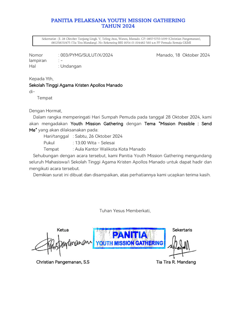 Surat Undangan YMG Utk Sekolah Tinggi Agama Kristen Apollos | PDF