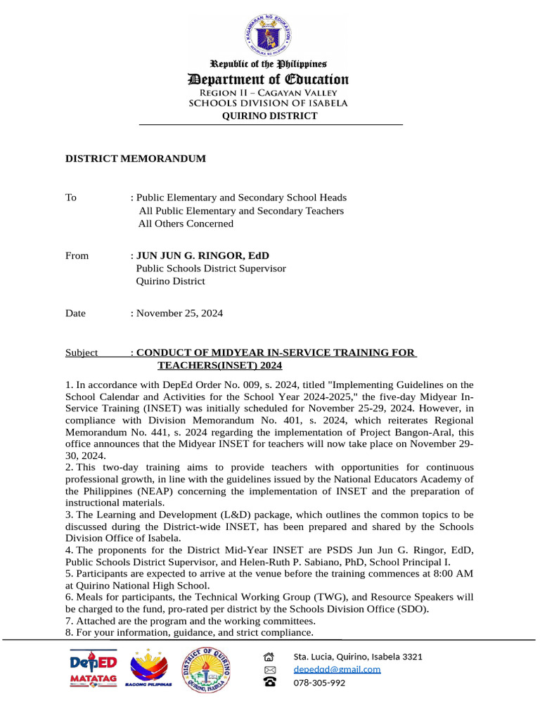 District Memo For Inset 2024 | PDF | Teachers | Learning