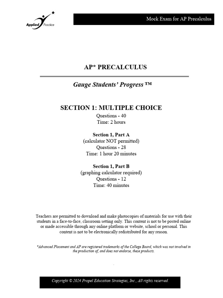 02.A. AP Precalculus Mock Exam Multiple Choice 2024 PDF | PDF ...