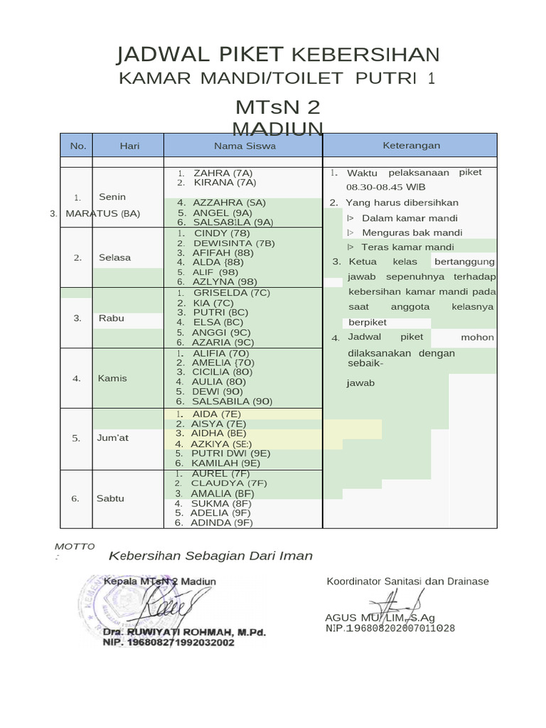 Jadwal Piket Kebersihan Mandi Toilet | PDF