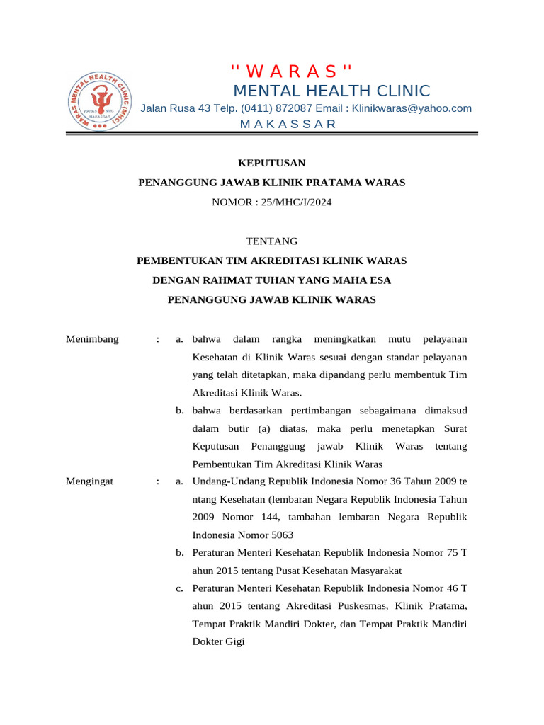 SK Tim Akreditasi Klinik Waras | PDF