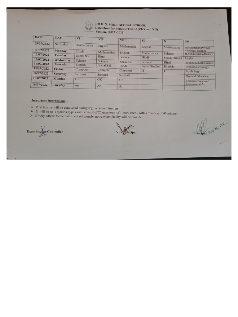 Date Sheet PT-1 (2022) | PDF