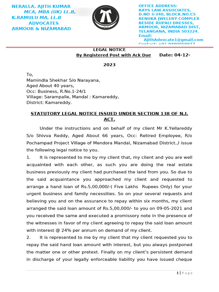 Legal Notice for Cheque Bounce | PDF | Banks | Cheque