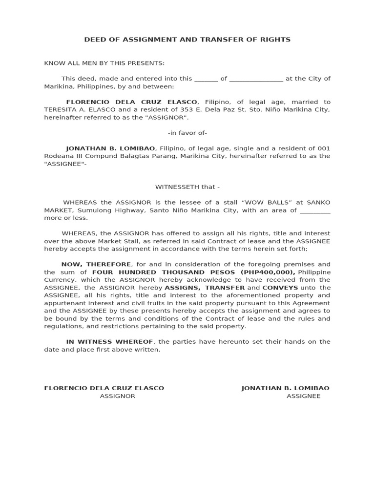 DEED OF ASSIGNMENT AND TRANSFER OF RIGHTS-LOMIBAO | PDF | Assignment ...