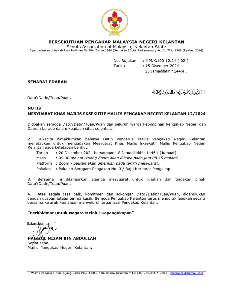 Notis Mesyuarat Khas Majlis Eksekutif MPNK | PDF