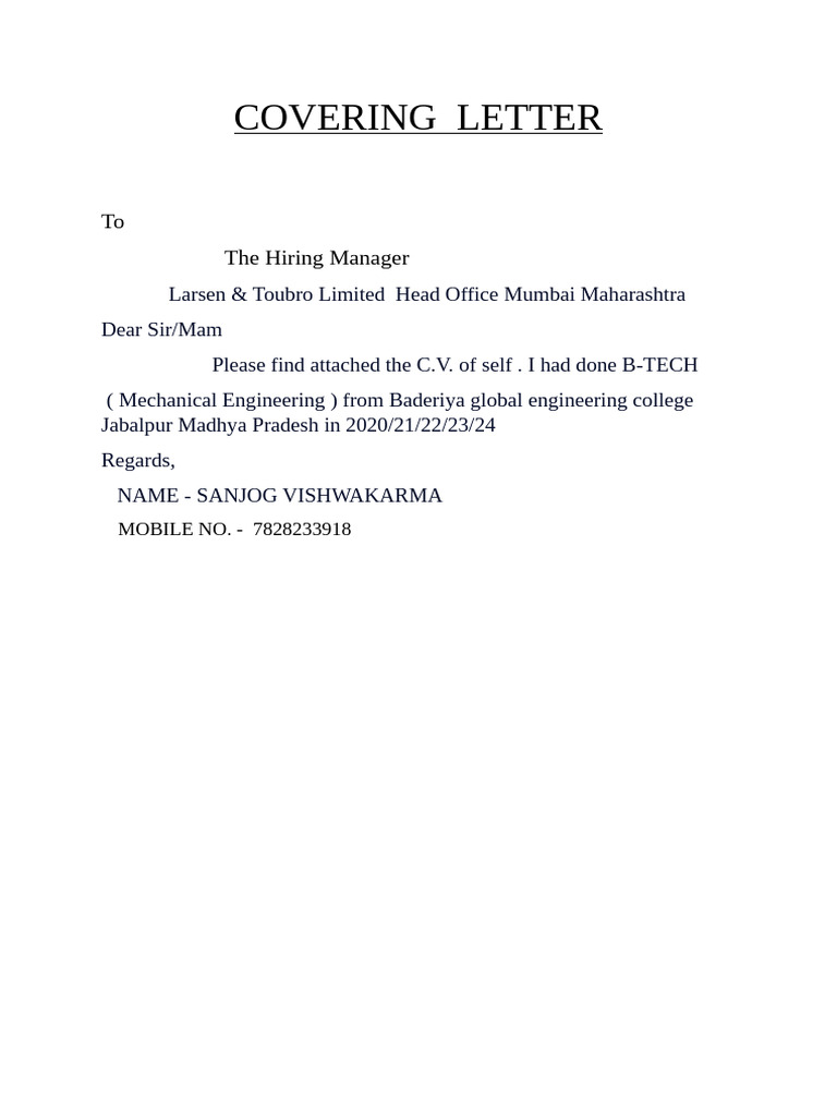 Cover Letter for Mechanical Engineer Position | PDF