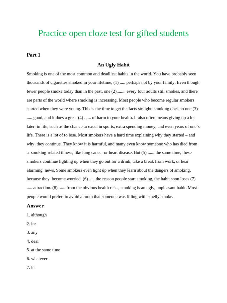 Practice Open Cloze Test for Gifted Students | PDF | Vegetarianism
