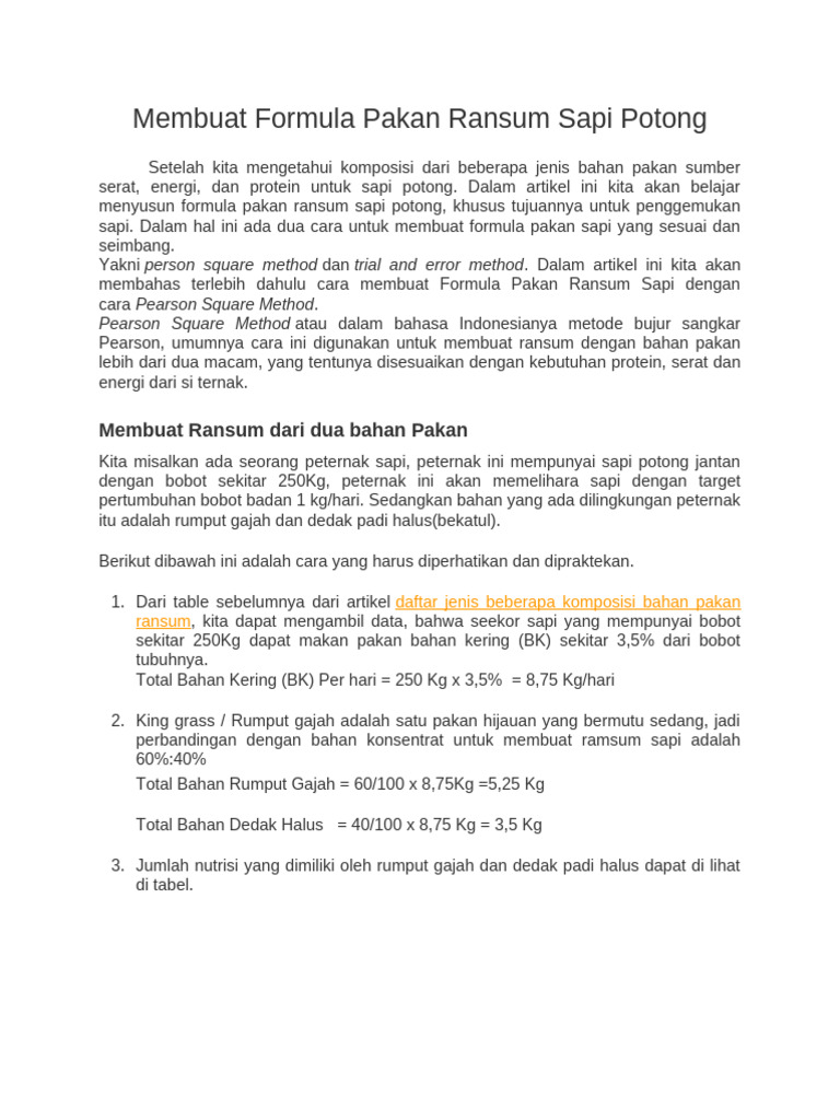 Membuat Formula Pakan Ransum Sapi Potong Part1 | PDF
