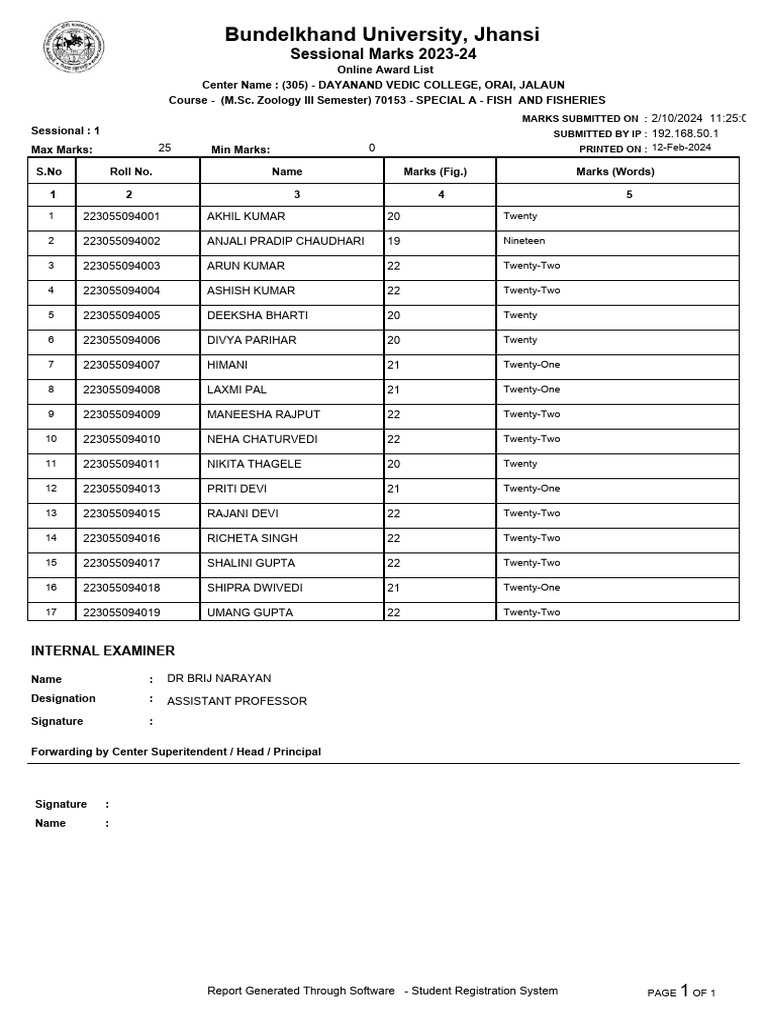 70153 M.Sc. III Sem Fish & Fisheries A Sessional marks | PDF