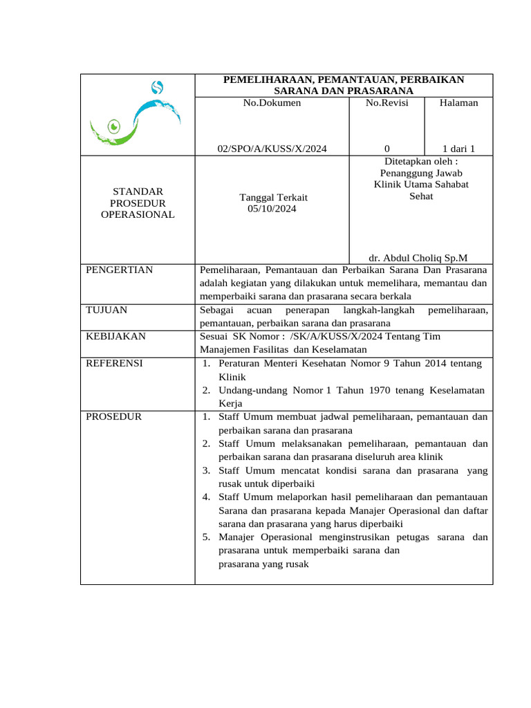 Spo Pemeliharaan Pemantauan Perbaiakan Sarana Dan Prasarana | PDF