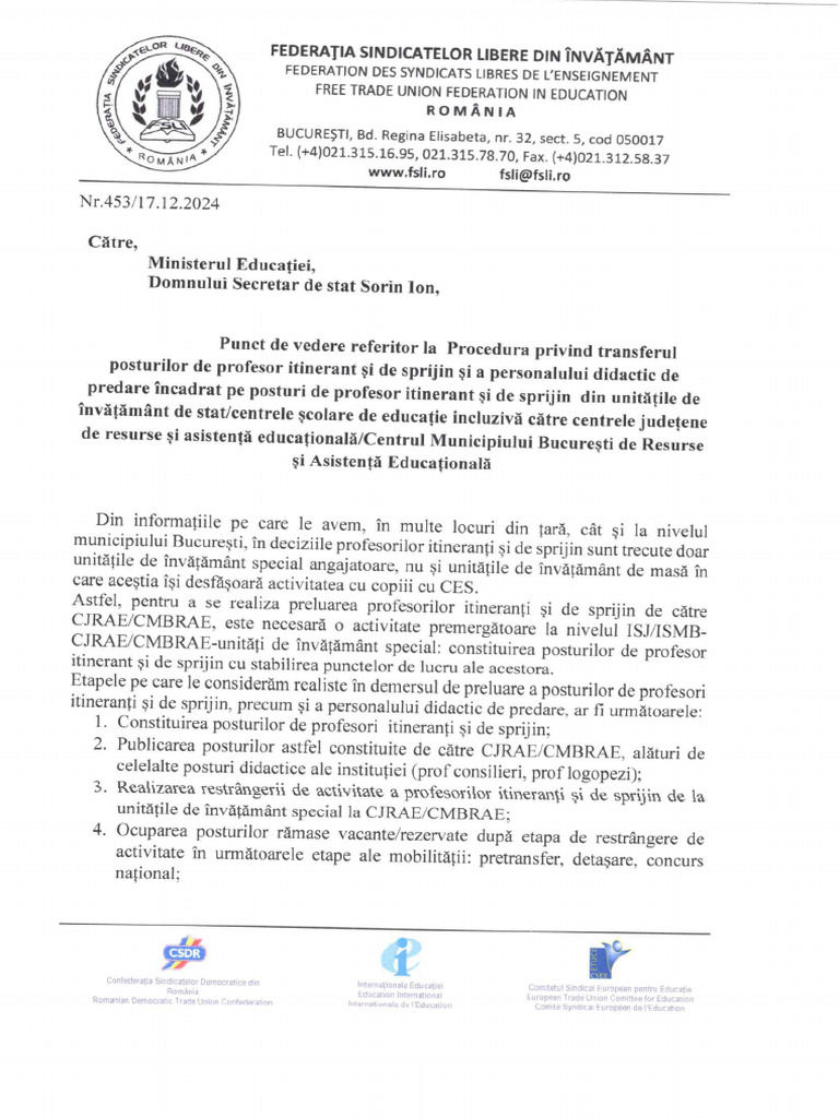 Punct de Vedere FSLI-Procedura Transfer Prof. Itineranti | PDF