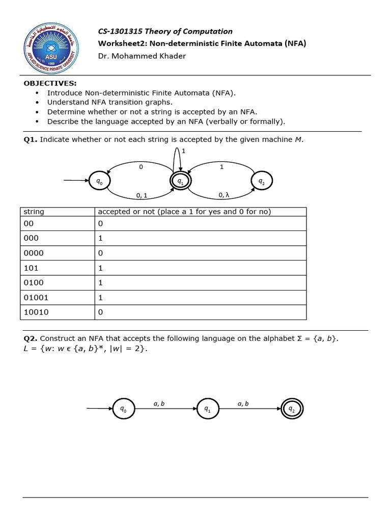 NFA Theory and Applications Worksheet | PDF | Formalism (Deductive ...