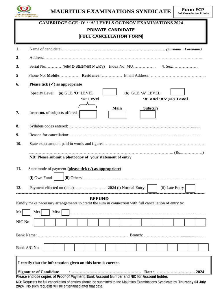 8.2024-Full-Cancellation-Form-FCP-Private | PDF | Secondary Education ...