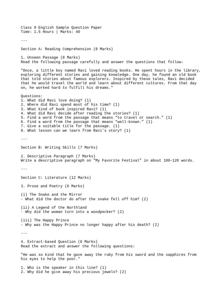 Class9 English Sample Paper | PDF
