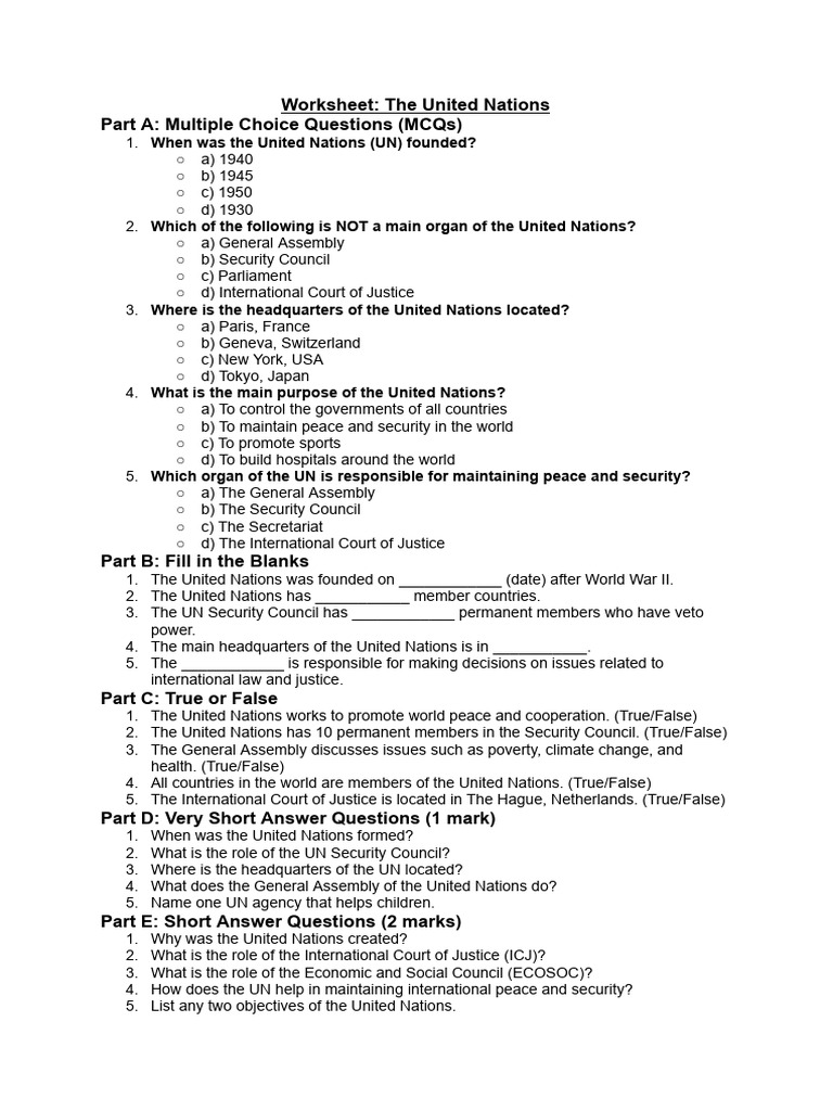Worksheet - The United Nations | PDF | United Nations | International ...