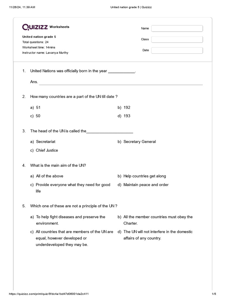 Grade 5 United Nations Quiz Worksheet | PDF | United Nations ...